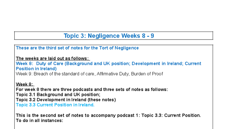 Week 8: Topic 3.3 Duty of Care Notes & Podcast Insights - Studocu