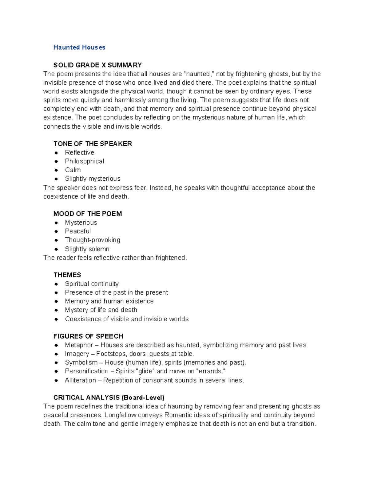 Haunted Houses (SOLID GRADE X) - Poem Analysis & Summary - Studocu