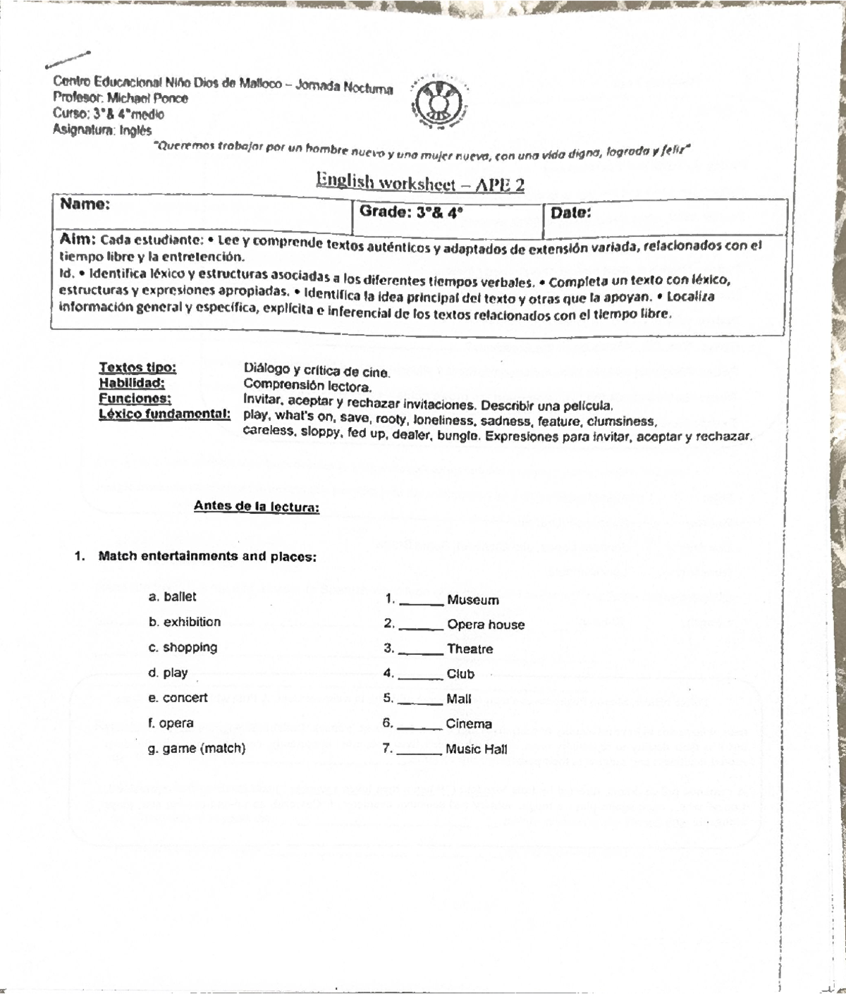 Inglés Worksheet APE 2: Comprensión Lectora y Crítica de Cine - Studocu