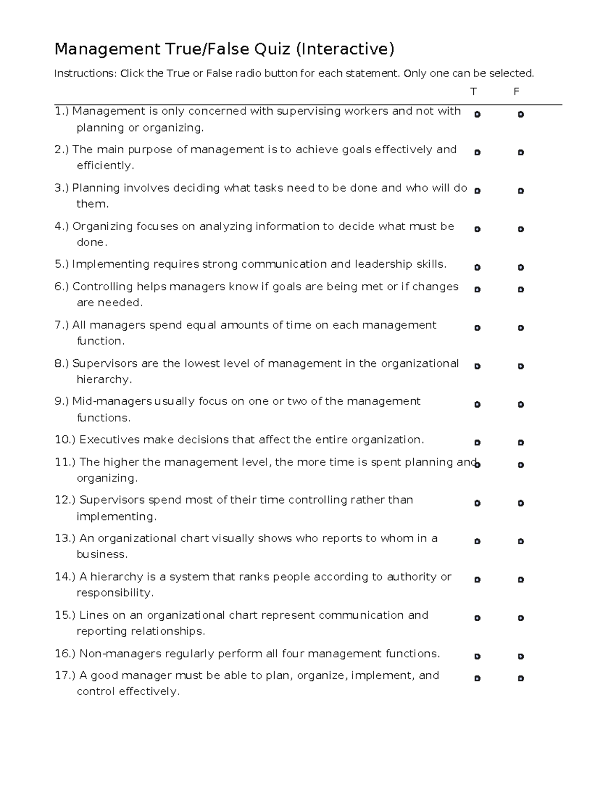 MGT 101: Management True/False Quiz Instructions - Studocu