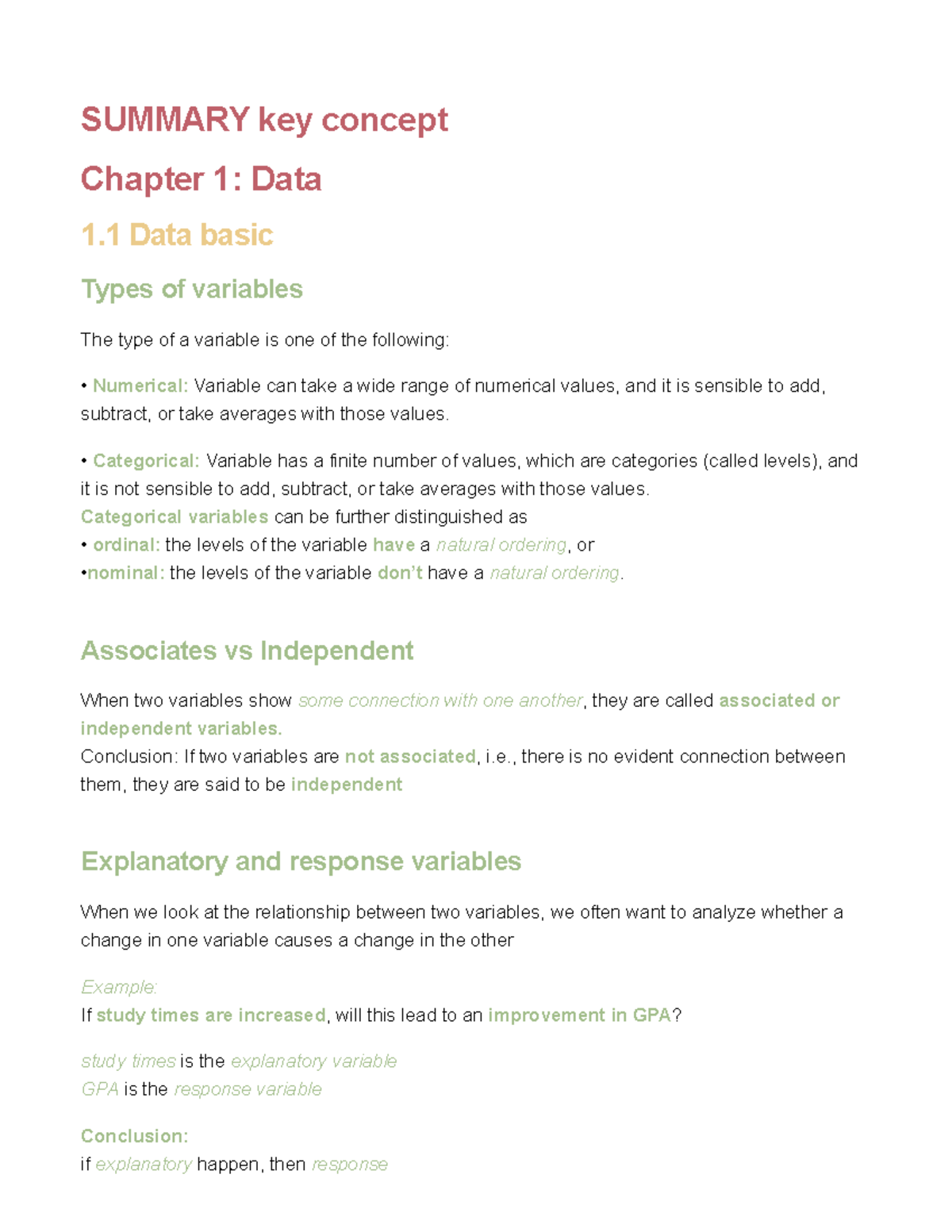 Part 1 summarise - SUMMARY key concept Chapter 1: Data 1 Data basic Types of variables The type ...