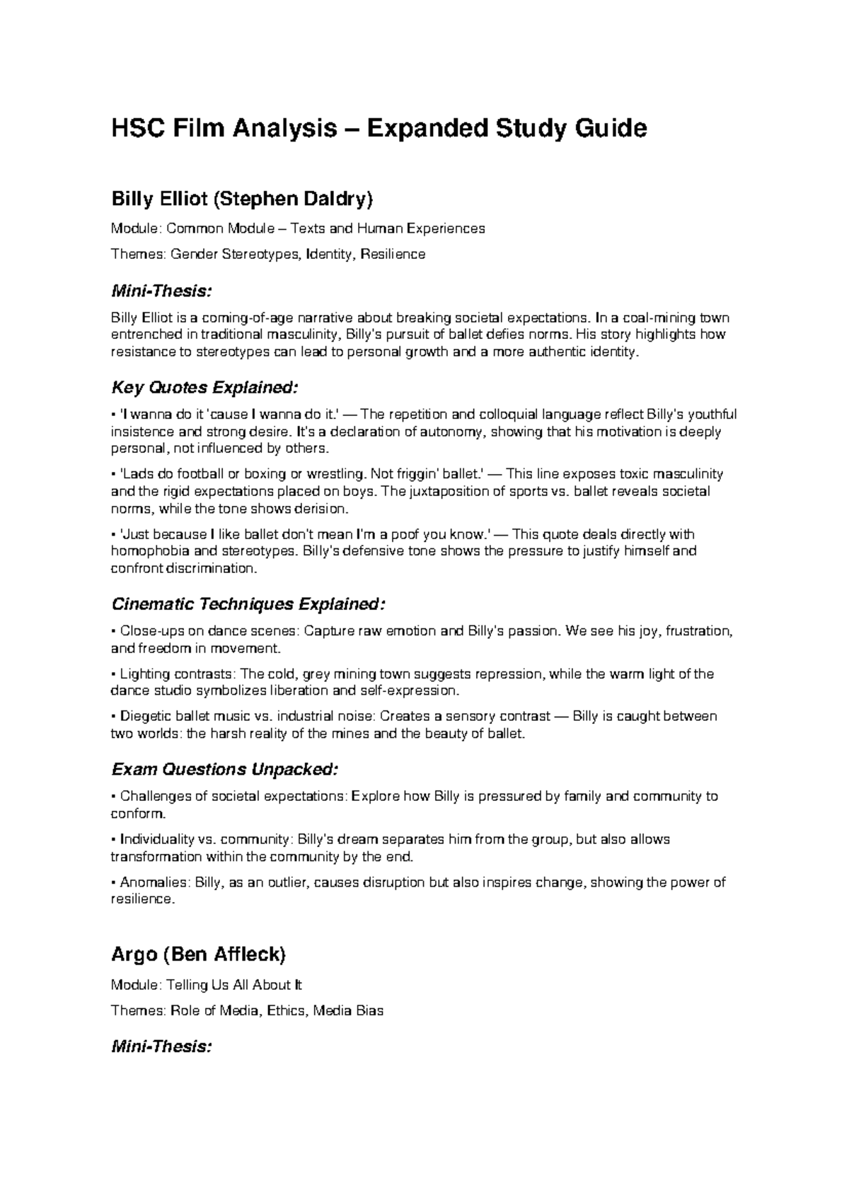 HSC Film Analysis Study Guide: Billy Elliot, Argo, and Lion Themes ...