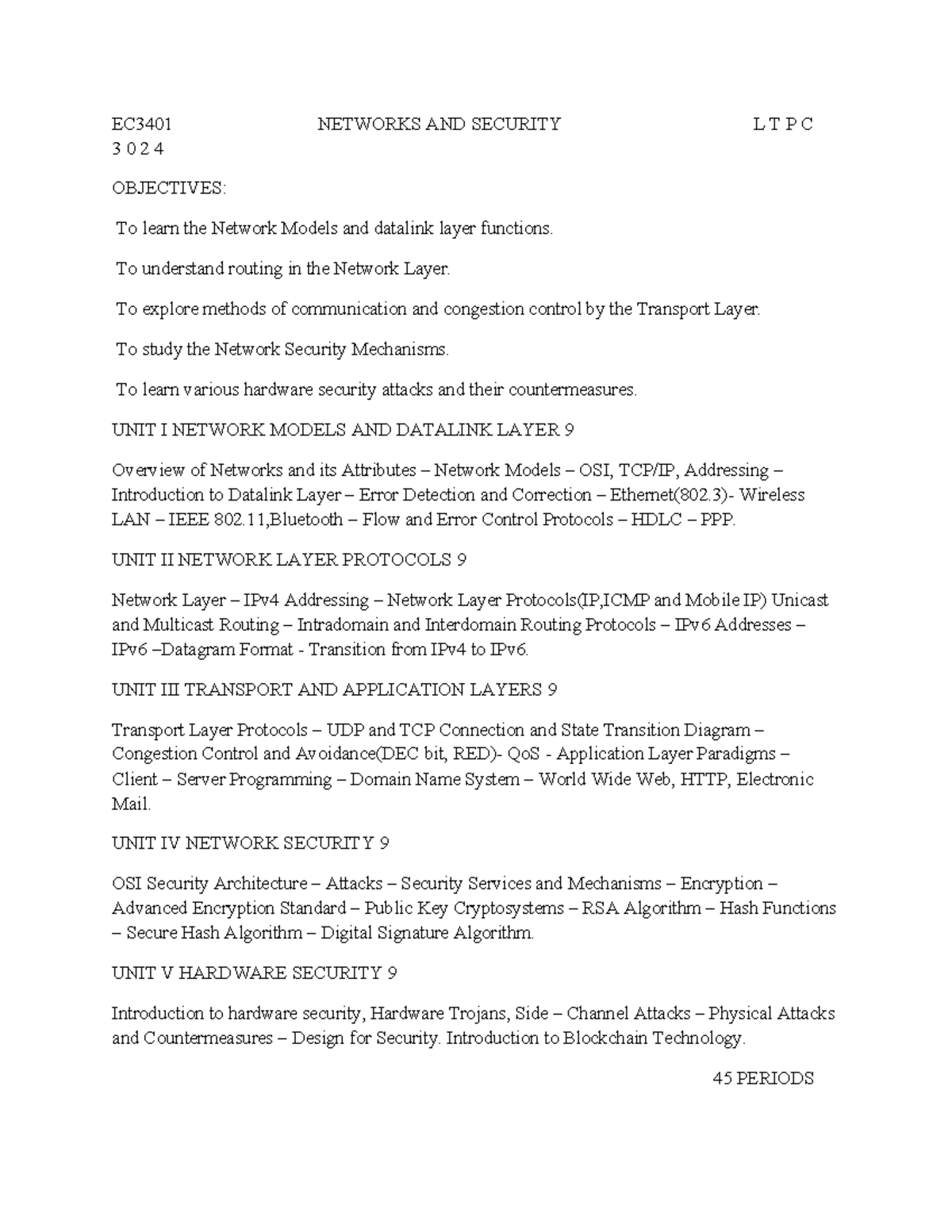 EC3401 Networks and Security Syllabus Overview - Studocu