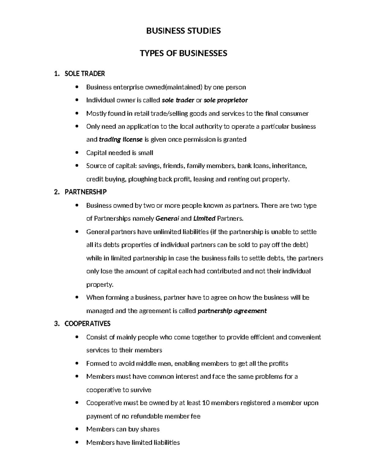 Types of Businesses - Study Notes for Business (BUS 101) - Studocu