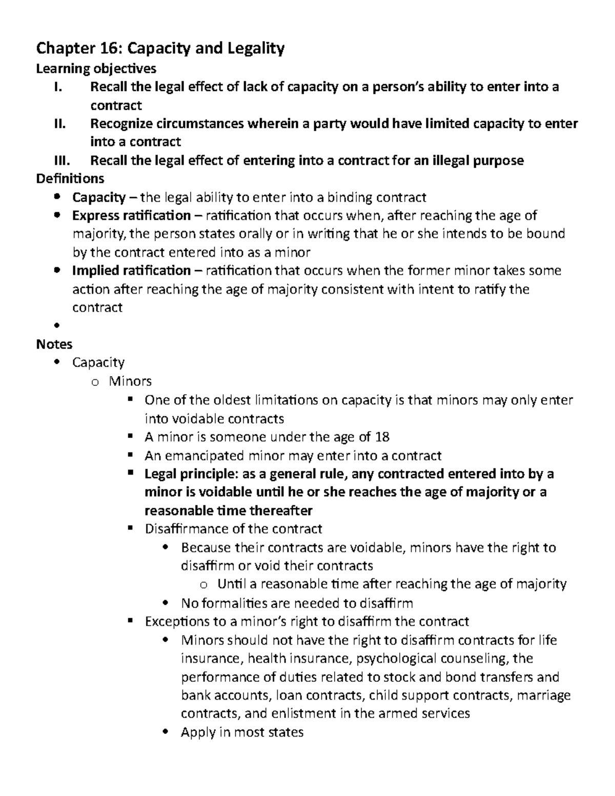 Ch 16 notes - Chapter 16: Capacity and Legality Learning objectives I ...