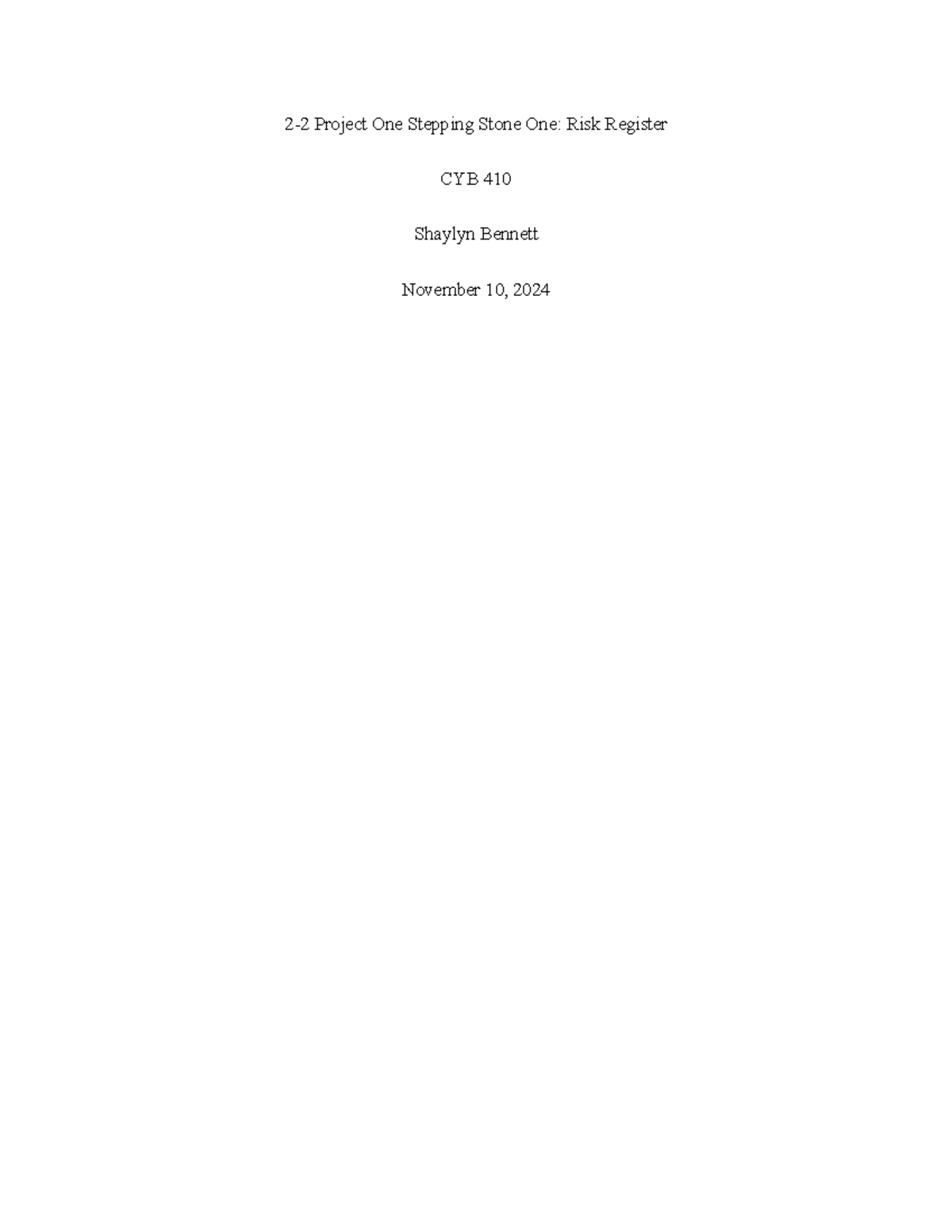 CYB 410 Project One: Risk Register & Recommendations Overview - Studocu