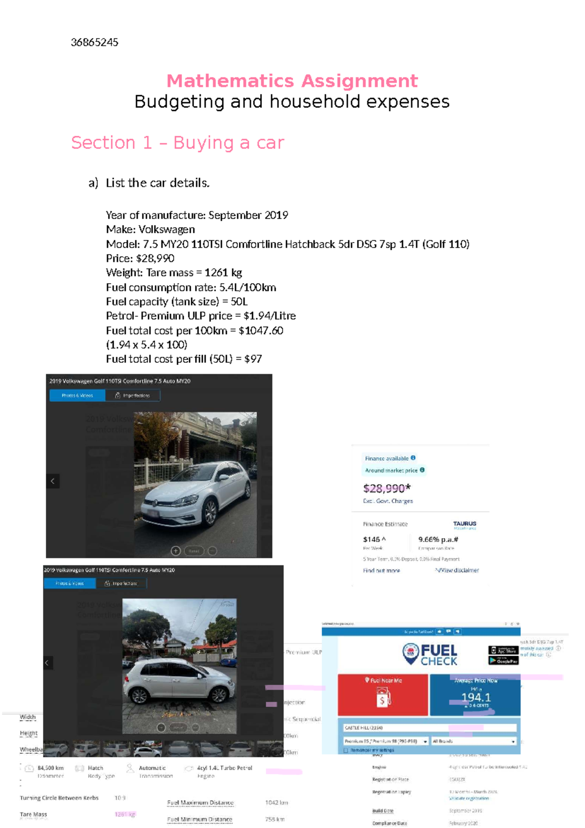 Mathematics Assignment: Financial Analysis & Costs of Car Ownership ...