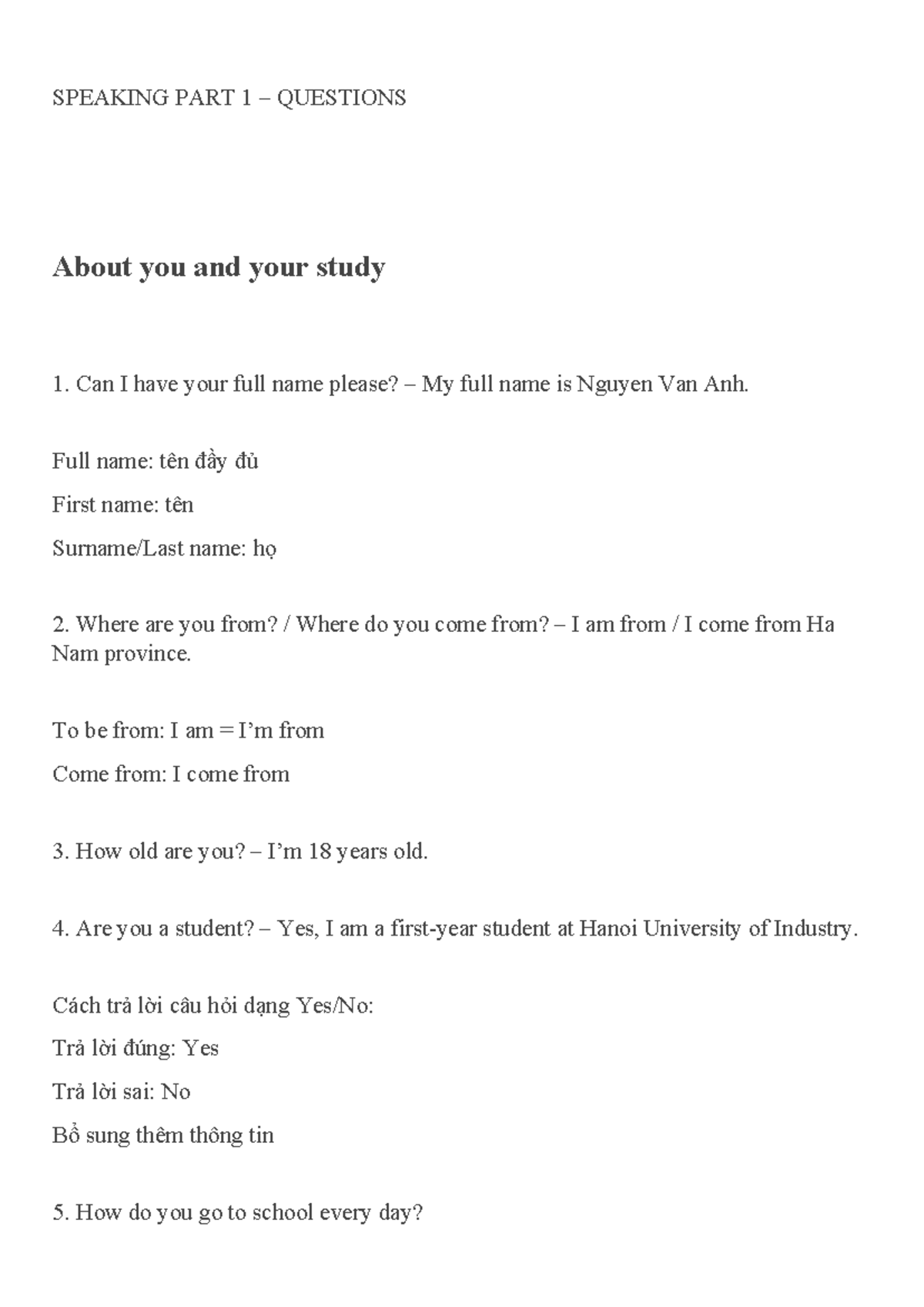 SPEAKING PART 1 - Questions About You and Your Study - Studocu
