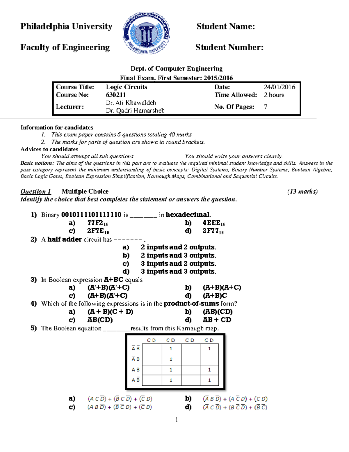Final Exam logic Design 2015-1 - Philadelphia University Student Name ...