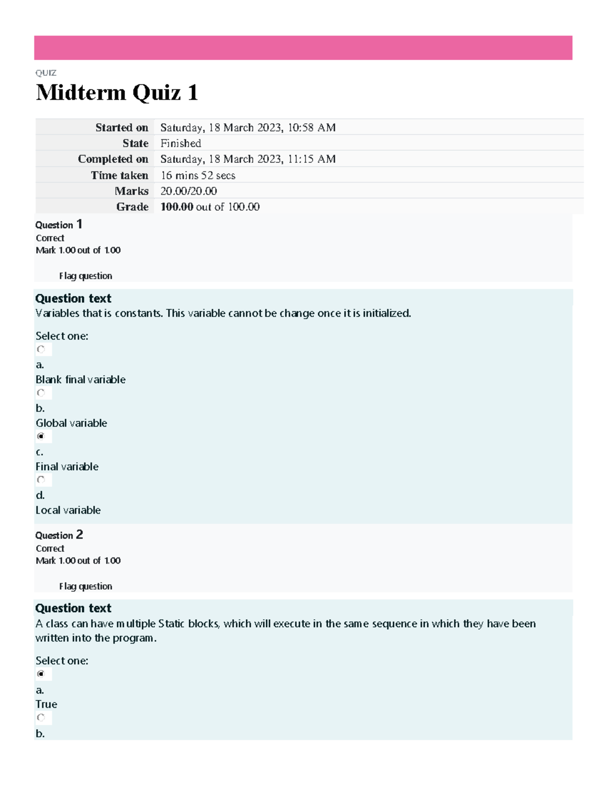 OOP Midterms Quiz1 - QUIZ Midterm Quiz 1 Started on Saturday, 18 March ...