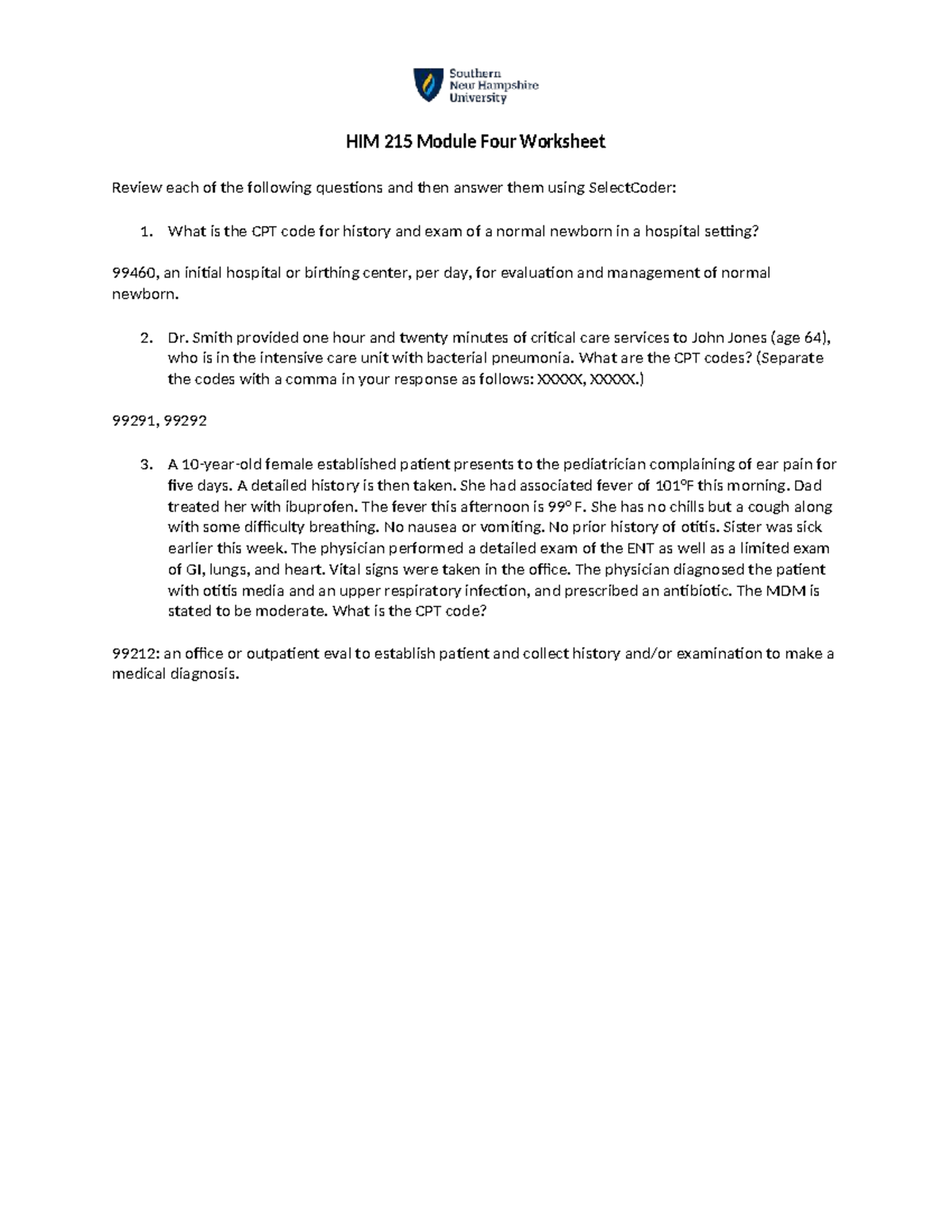 HIM 215 Module Four Worksheet: CPT Code Questions & Answers - Studocu