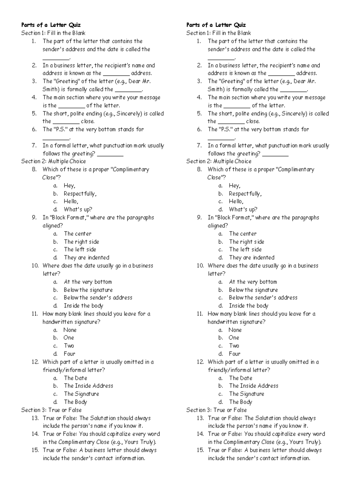 Parts of a Letter Quiz (ENG101) - Fill in the Blanks & MCQs - Studocu