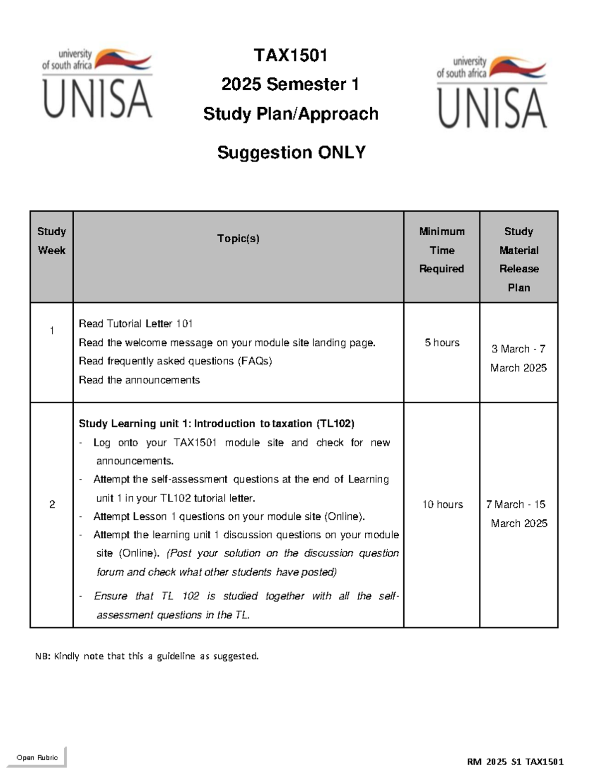 TAX1501 2025 S1 Study Plan and Weekly Revision Strategy - Studocu