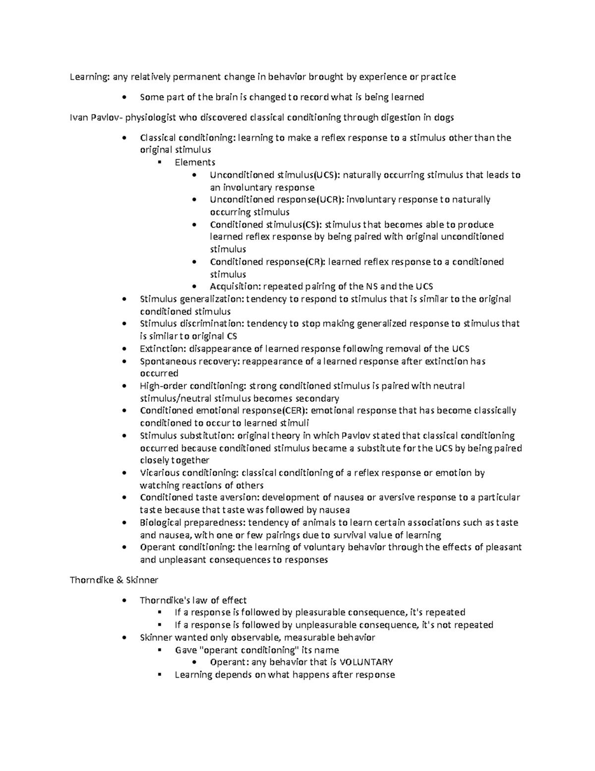 CH 5 - Professor Marino - Learning: any relatively permanent change in behavior brought by - Studocu