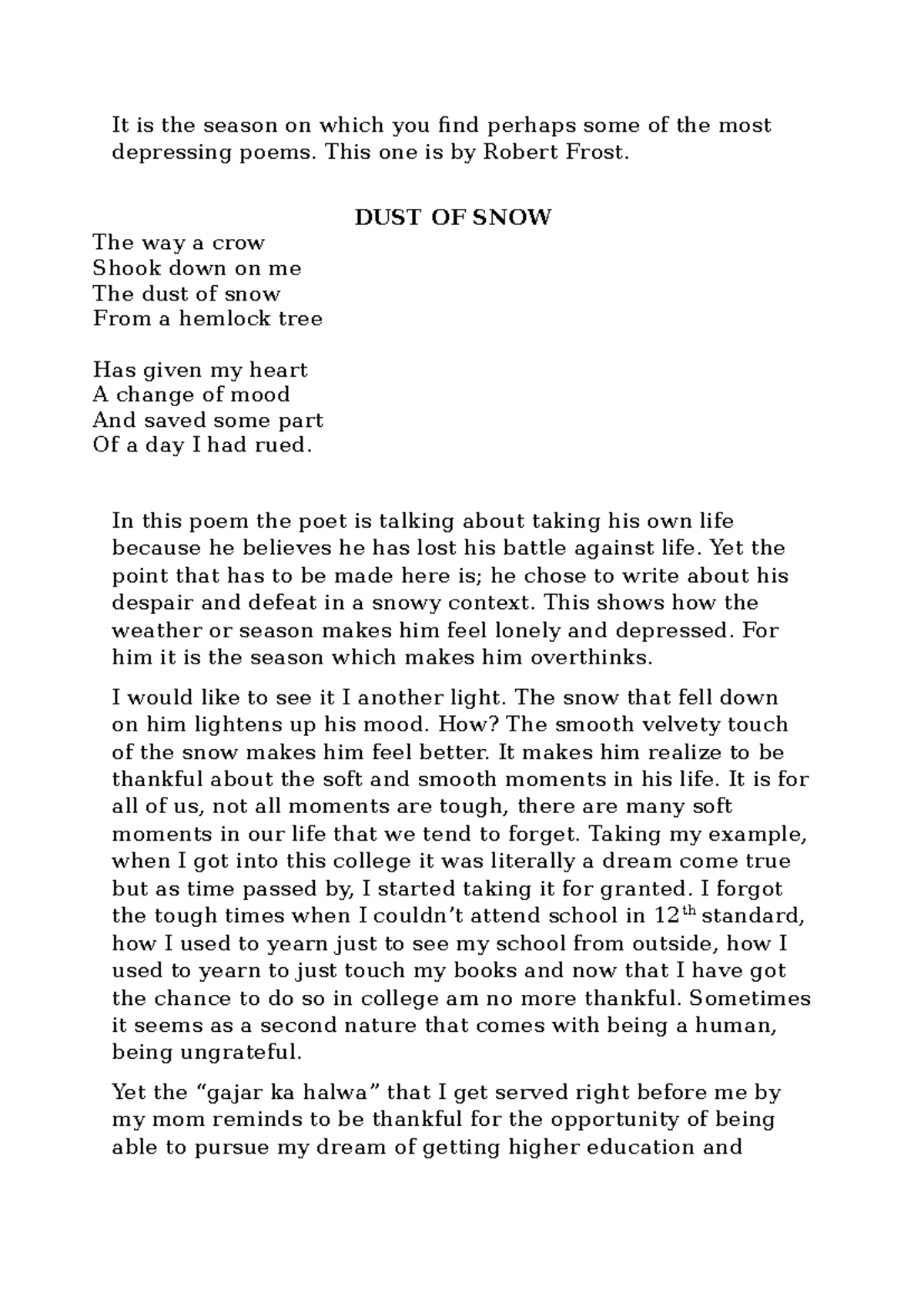Favorite Season: Reflections on Robert Frost's "Dust of Snow" - Indra ...