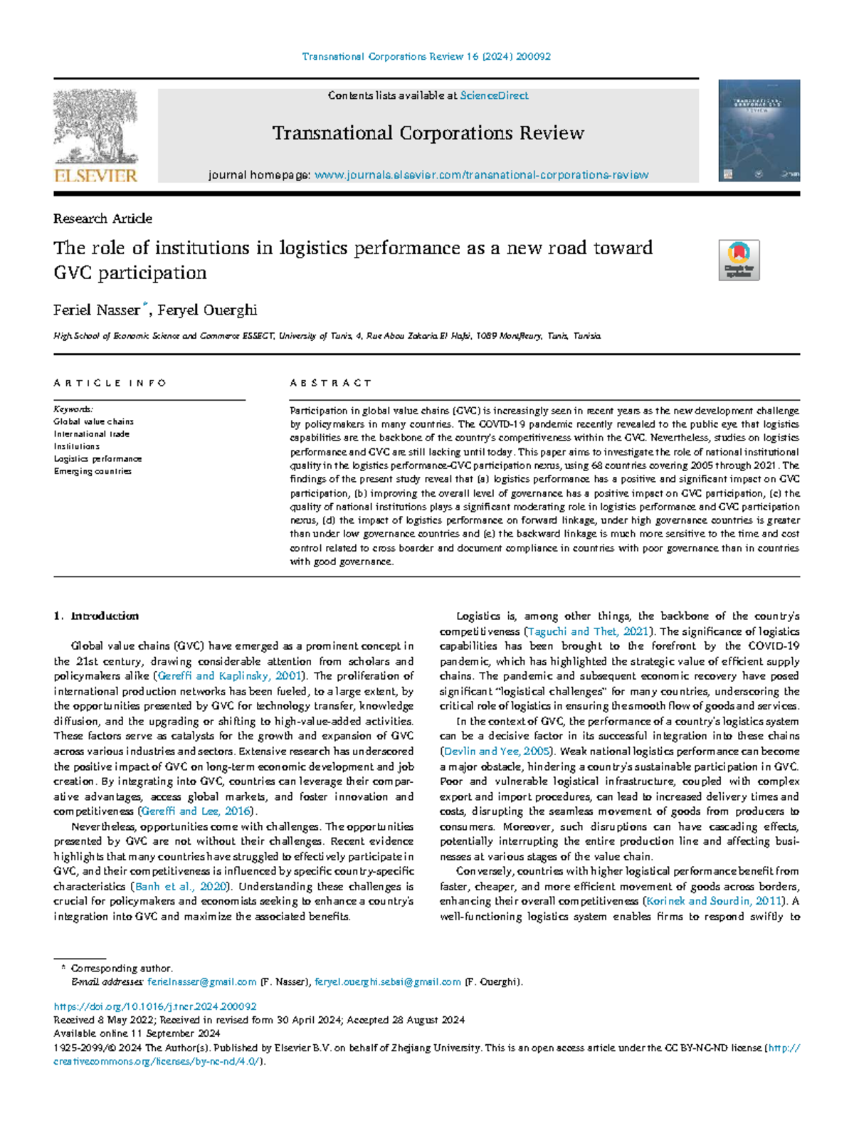 The Role of Institutions in Logistics Performance and GVC Participation ...