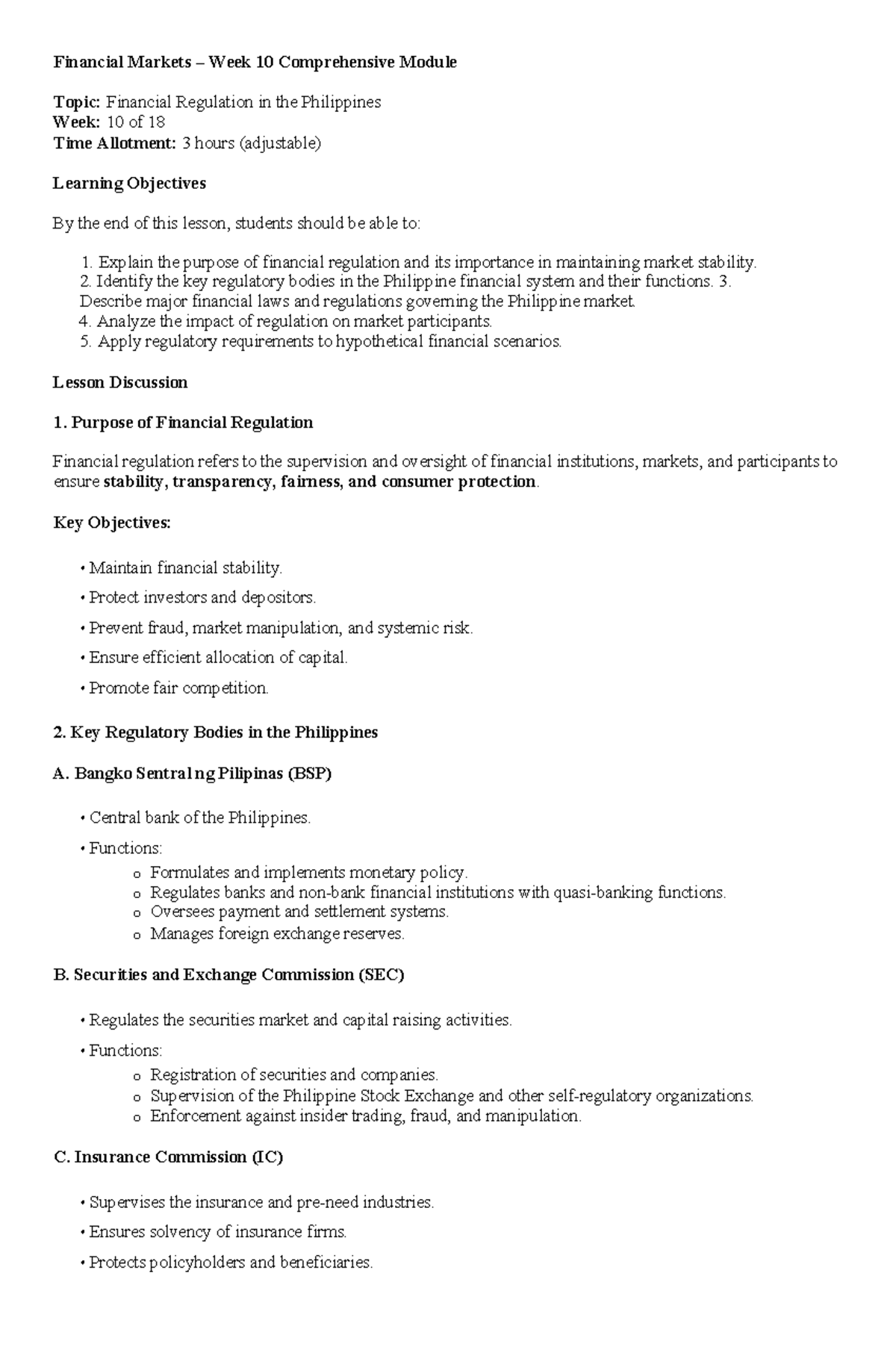 FIN 101: Week 10 - Financial Regulation in the Philippines Overview ...