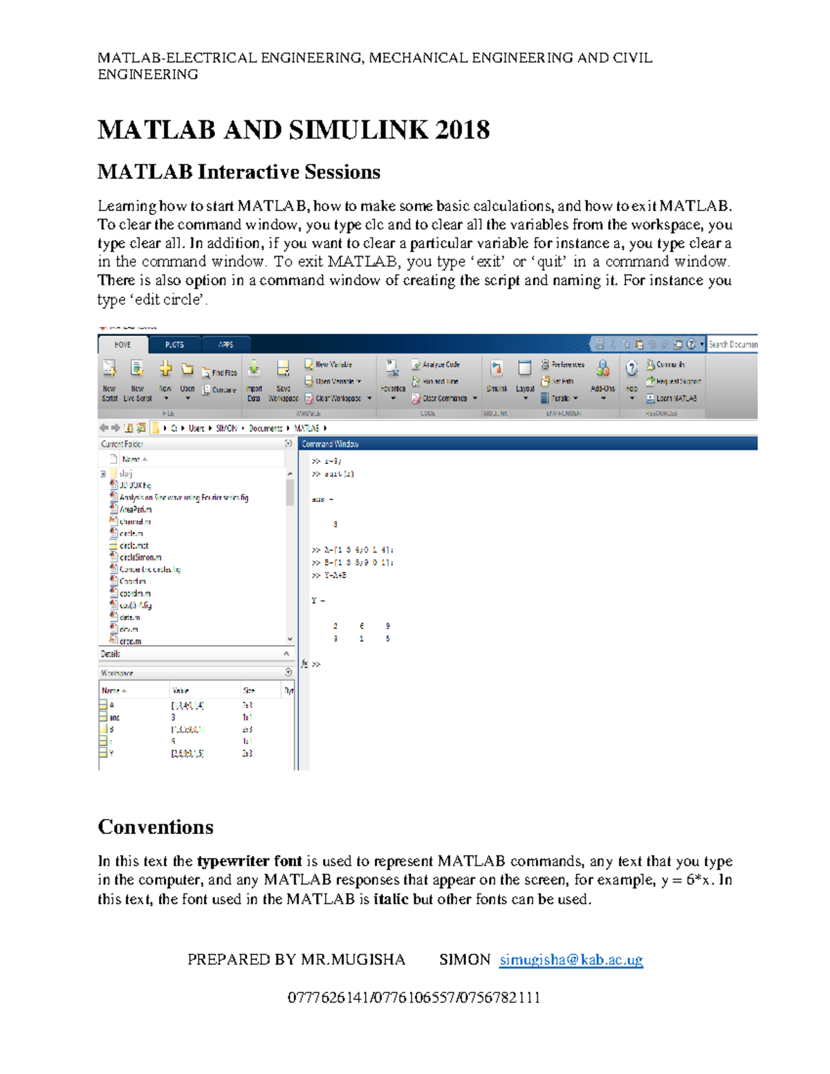 ENGR 101: MATLAB Notes - Interactive Sessions, Commands, and Operations ...