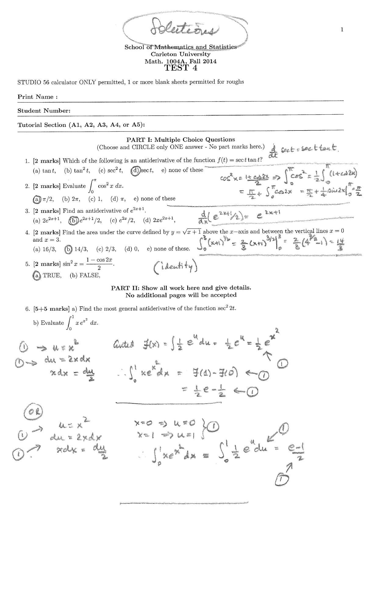 Test 4 Solutions for Math 1004A - Fall 2014 - Studocu
