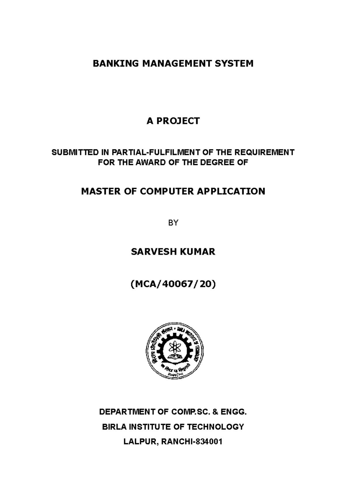 MCA Banking Management System Project Report - Studocu