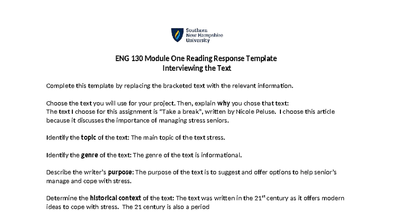 ENG 130 Module One Reading Response: Analyzing "Take a Break" - Studocu