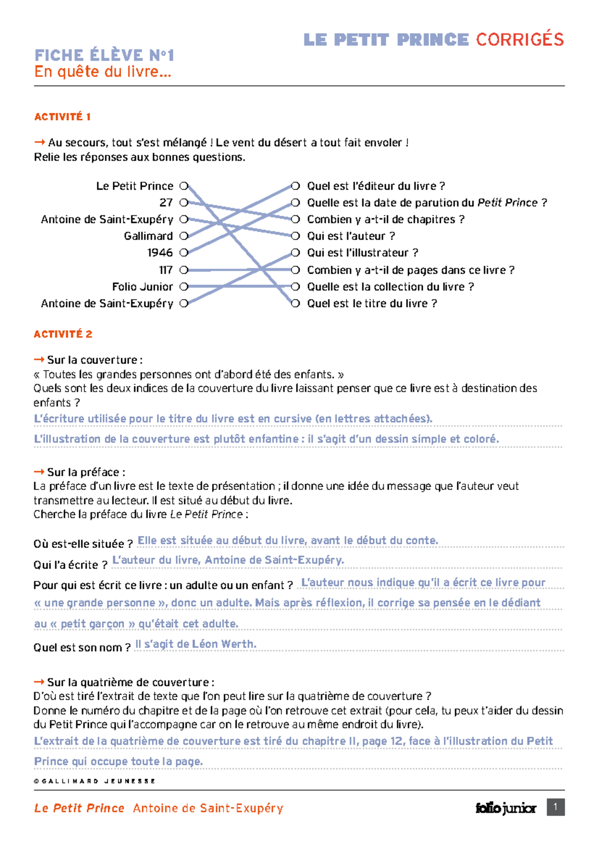 FICHE ÉLÈVE N 1-4 : CORRIGÉS D'ACTIVITÉS SUR LE PETIT PRINCE - Studeersnel