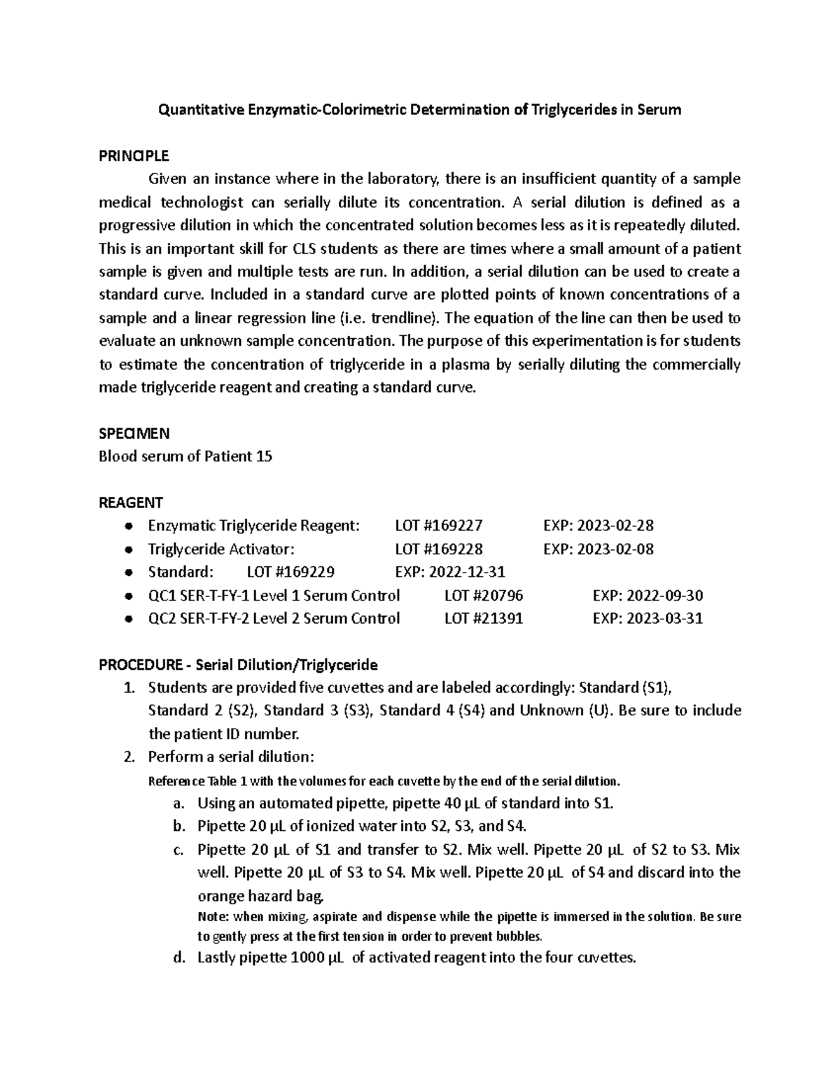 Clinical Chemistry Lab Report: Quantitative Triglyceride Analysis - Studocu