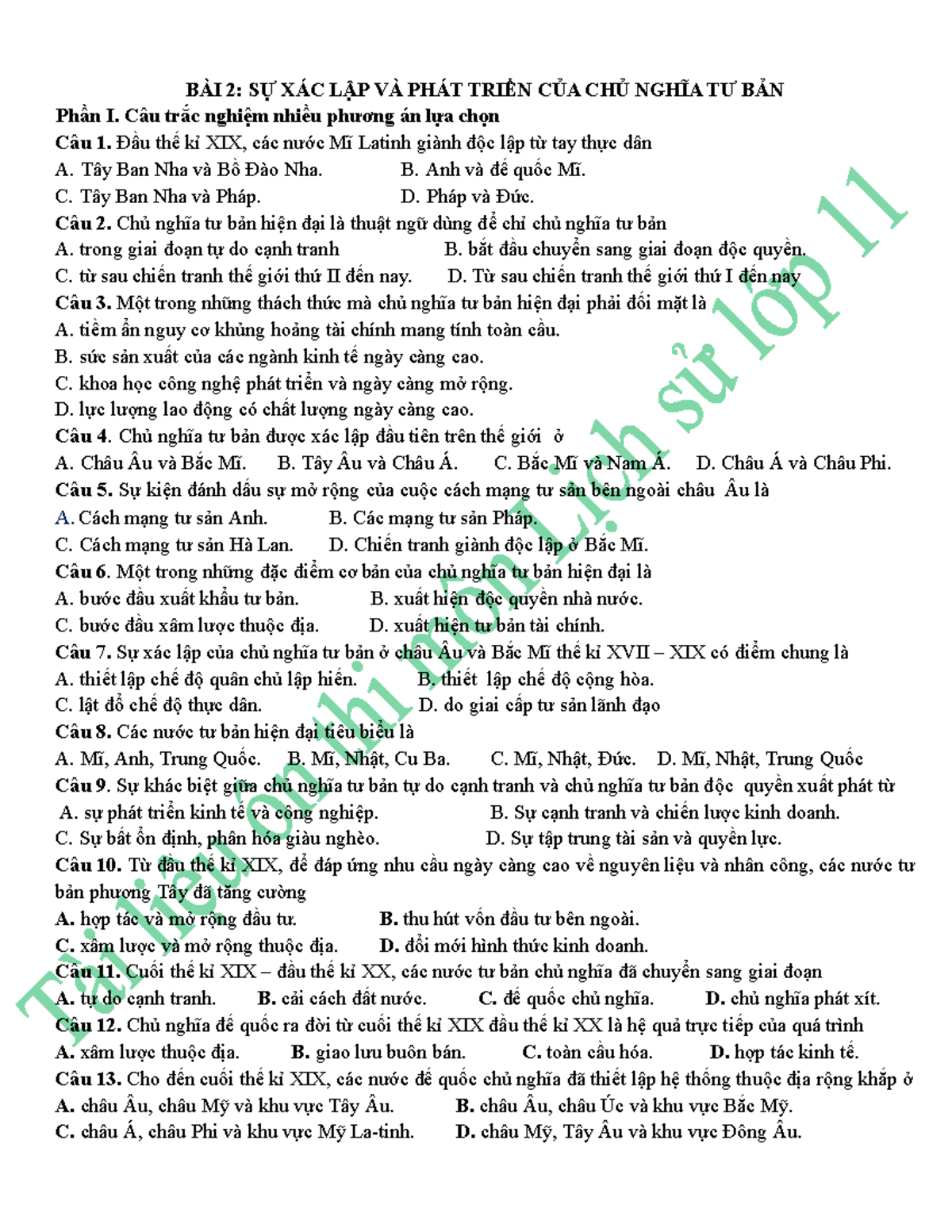 BÀI SỐ 2: ĐỀ THI TRẮC NGHIỆM VỀ CHỦ NGHĨA TƯ BẢN - Studocu
