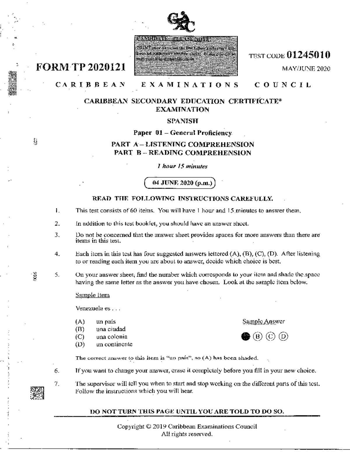 CSEC Spanish Exam June 2020 Paper 01 Listening & Reading Comprehension ...