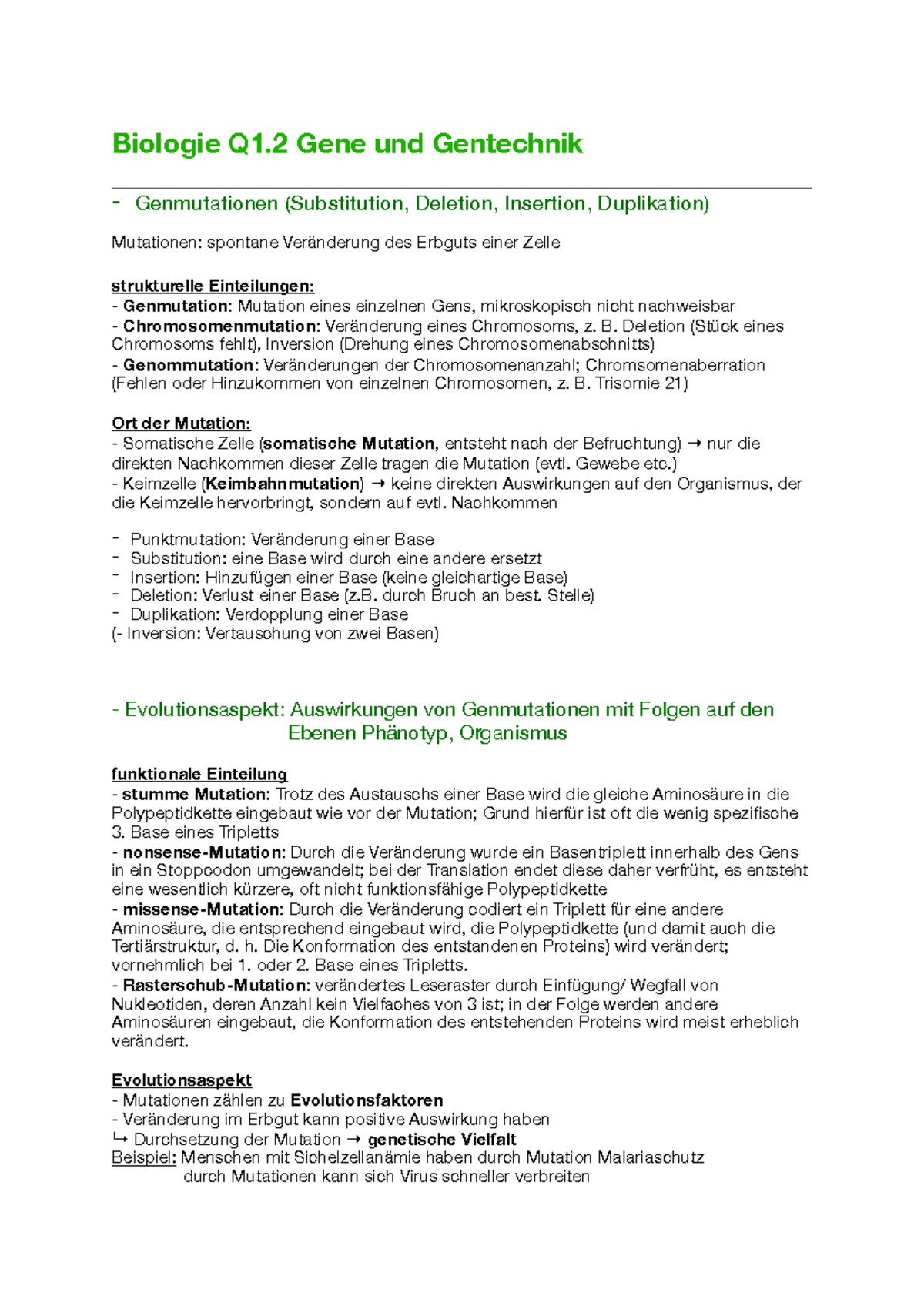 Biologie Q1.2: Gene, Gentechnik und Evolutionsaspekte erläutert - Studocu