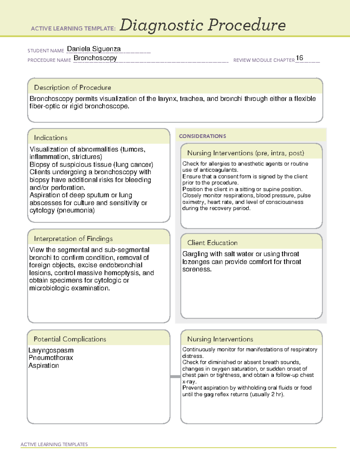 Bronchoscopy - Diagnostic Procedure Active Learning Template - Studocu