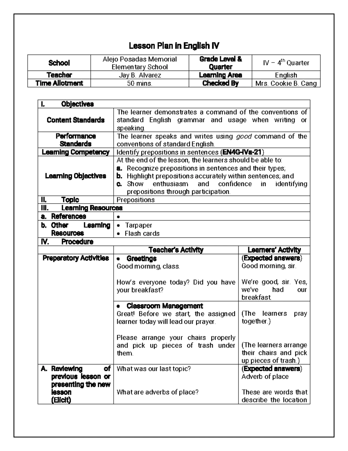 English IV Lesson Plan: Understanding Prepositions in Depth - Studocu