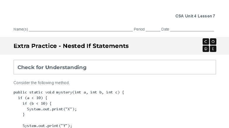 CSA Unit 4 Lesson 7: Nested If Statements Extra Practice - Studocu