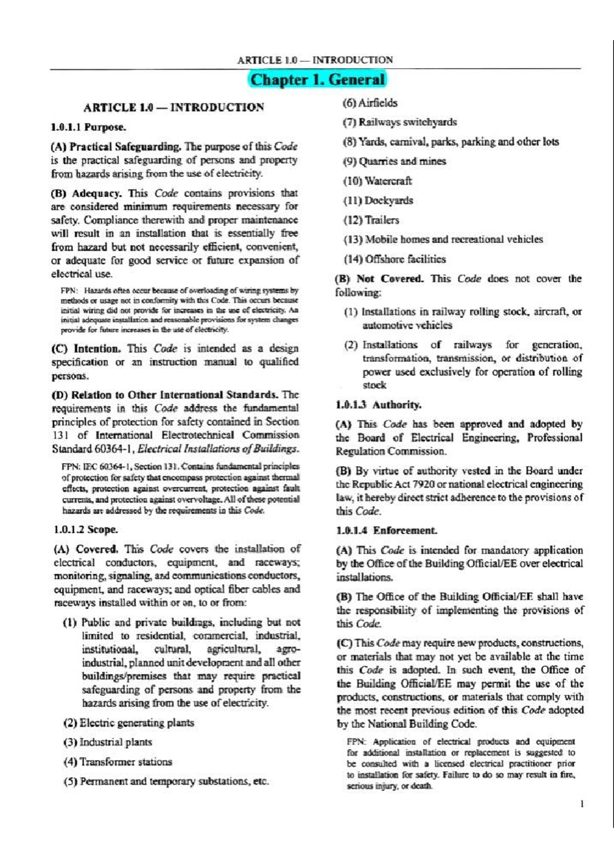 Philippine Electrical Code (PEC1) Chapter 1: General Introduction - Studocu