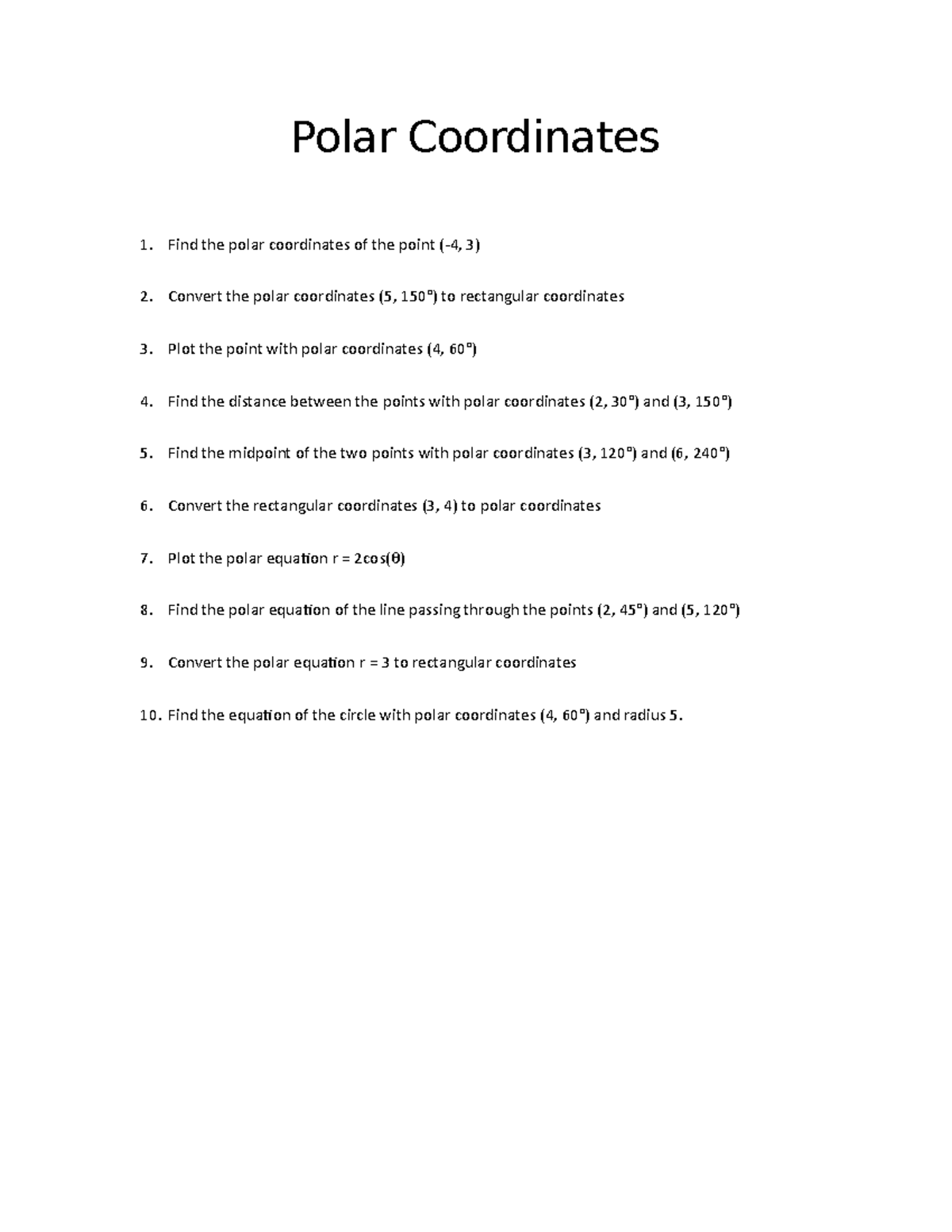 Polar Coordinates - self-made worksheet for calculus 2 - Polar ...