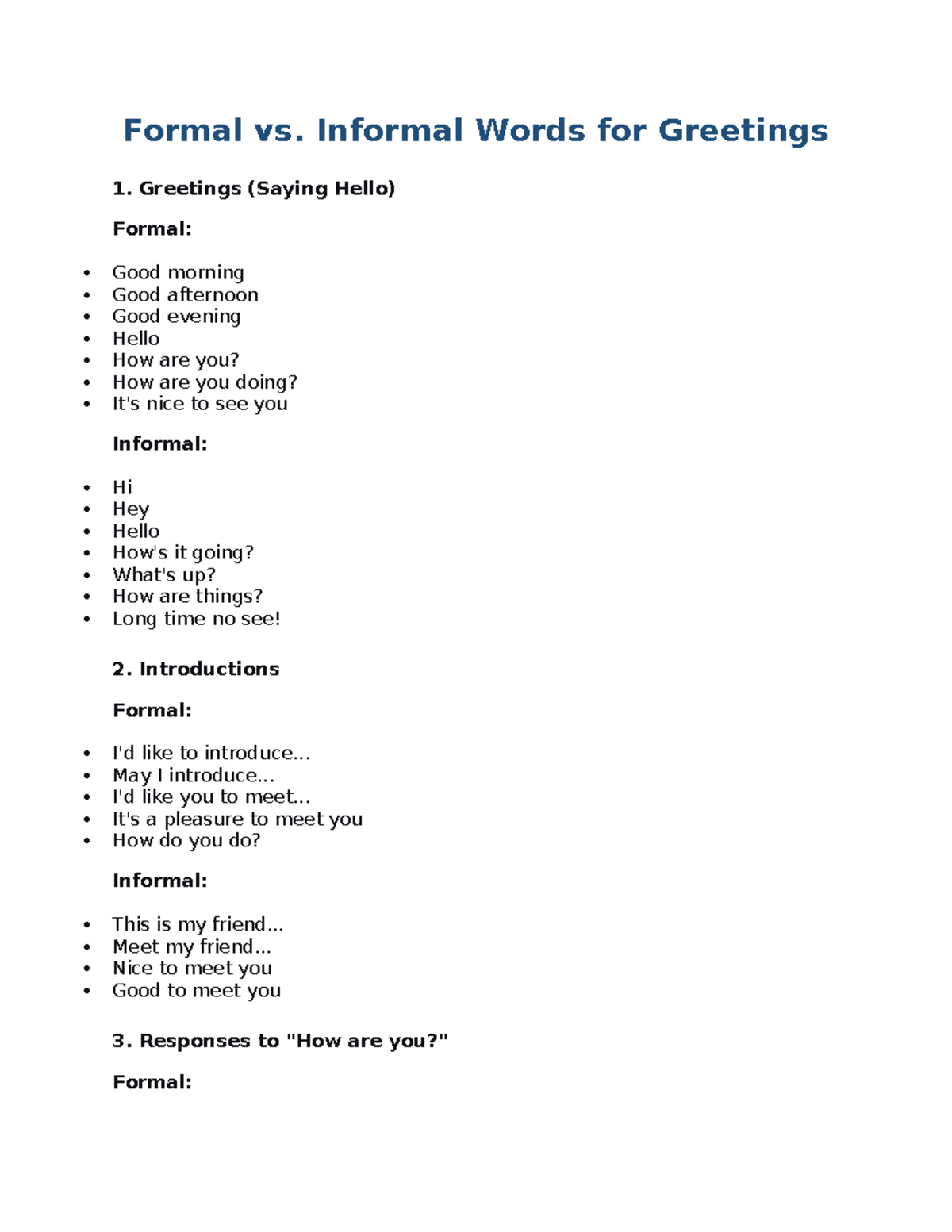 Formal vs. Informal Greetings and Responses - English Corner - Studocu