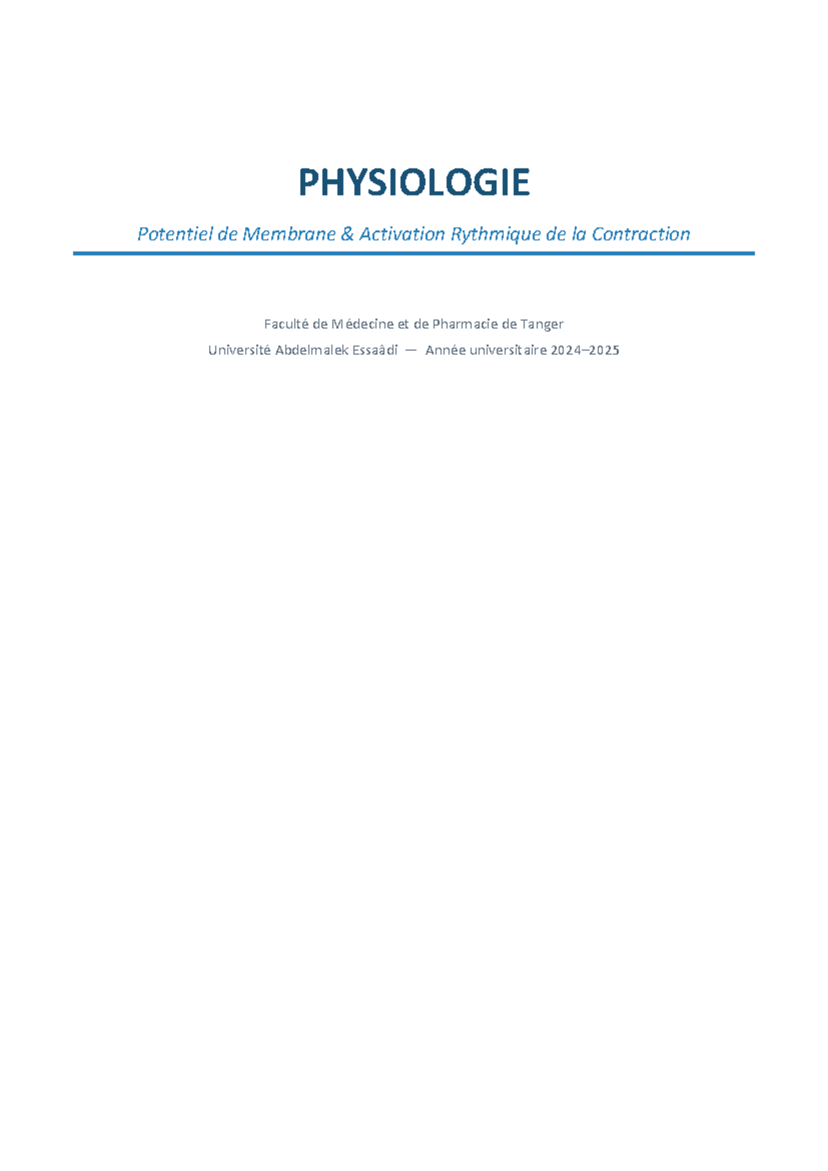 PHYSIO 101 - Potentiel de Membrane et Contraction Cardiaque - Studocu