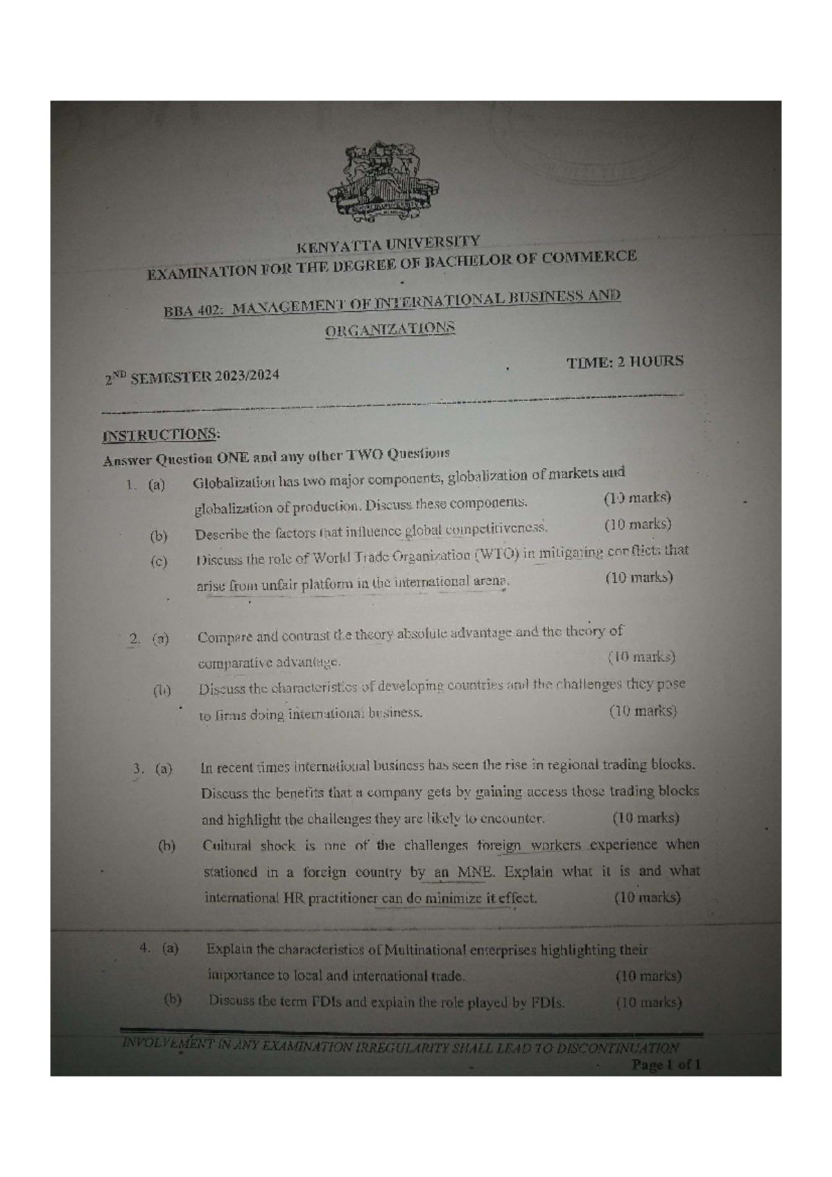 BBA 402: Management of international business past exam papers - Studocu