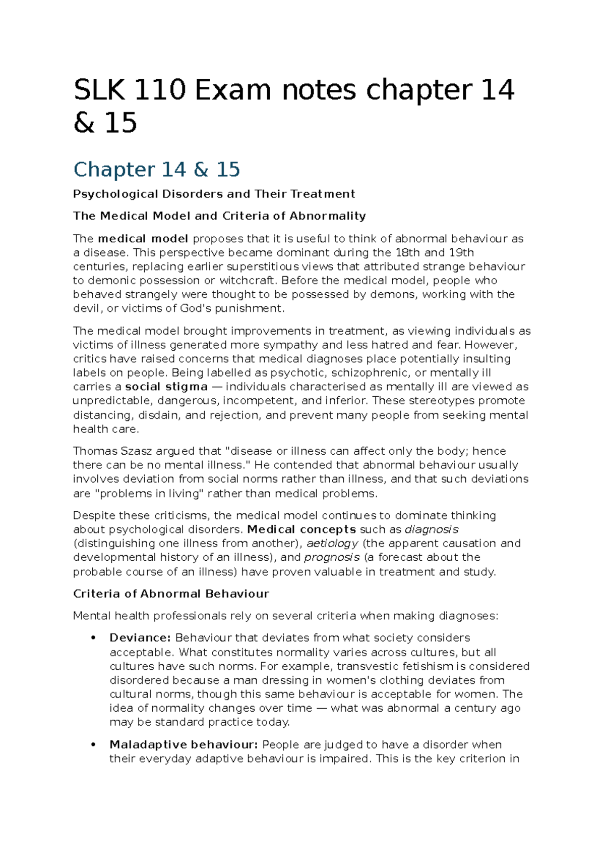 SLK 110 Exam Notes: Chapters 14 & 15 on Psychological Disorders - Studocu