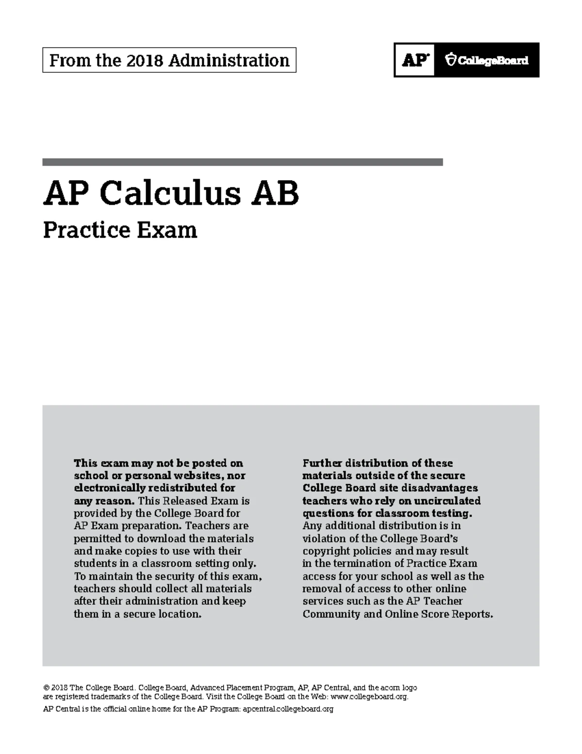 AP CALCULUS AB 2017 Final Practice Exam MCQ - Studocu