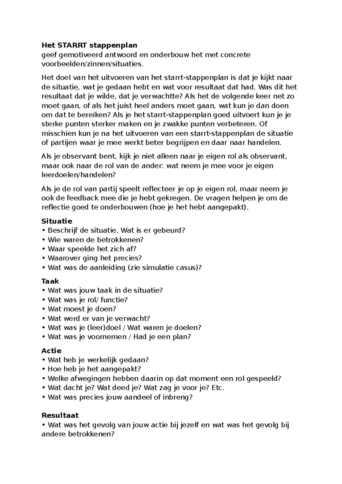 Het STARRT Stappenplan: Reflectie en Actie-analyse - Studeersnel