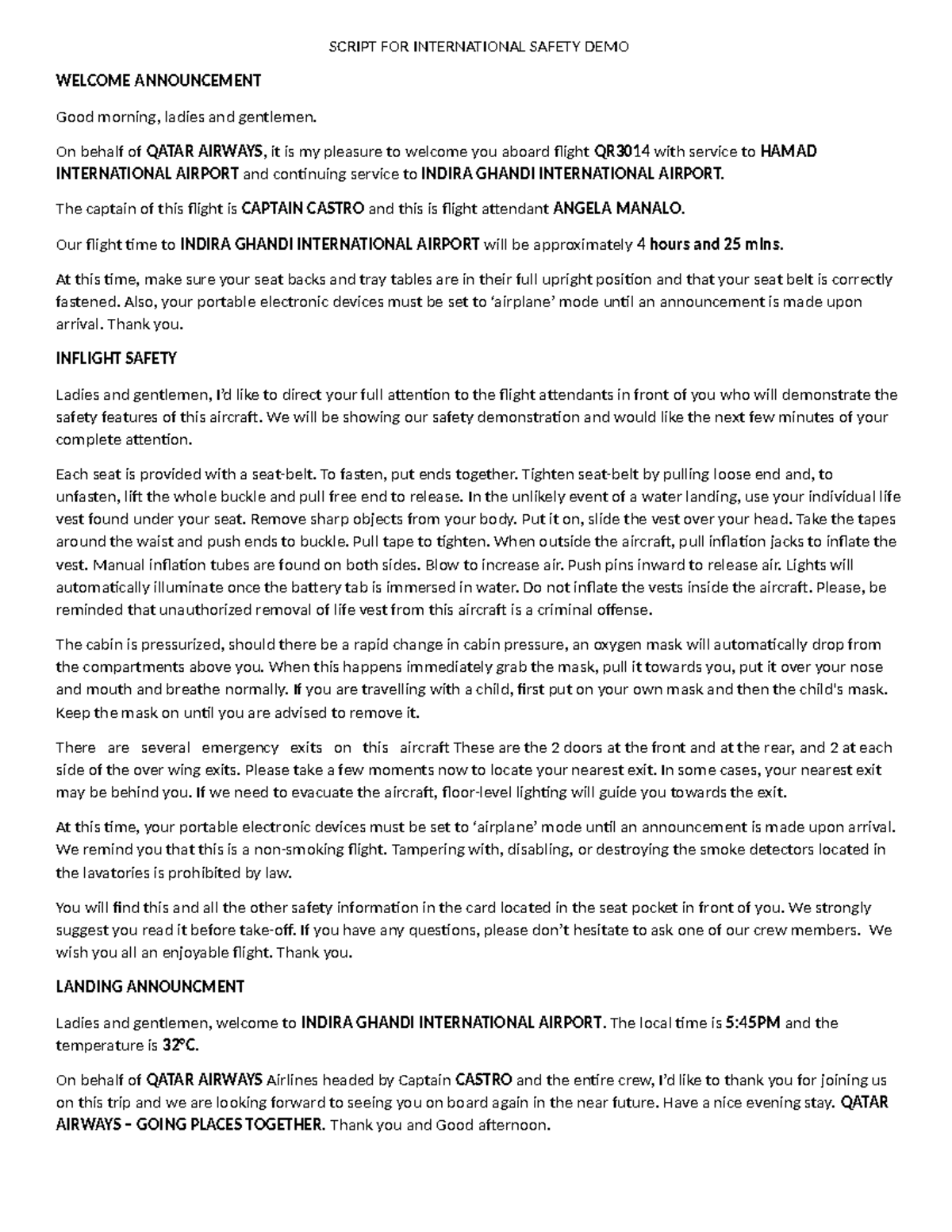 International Safety Demo Script for Flight QR3014 - Studocu