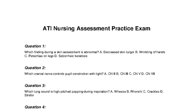 ATI Nursing Assessment Practice Exam: Key Questions & Answers - Studocu