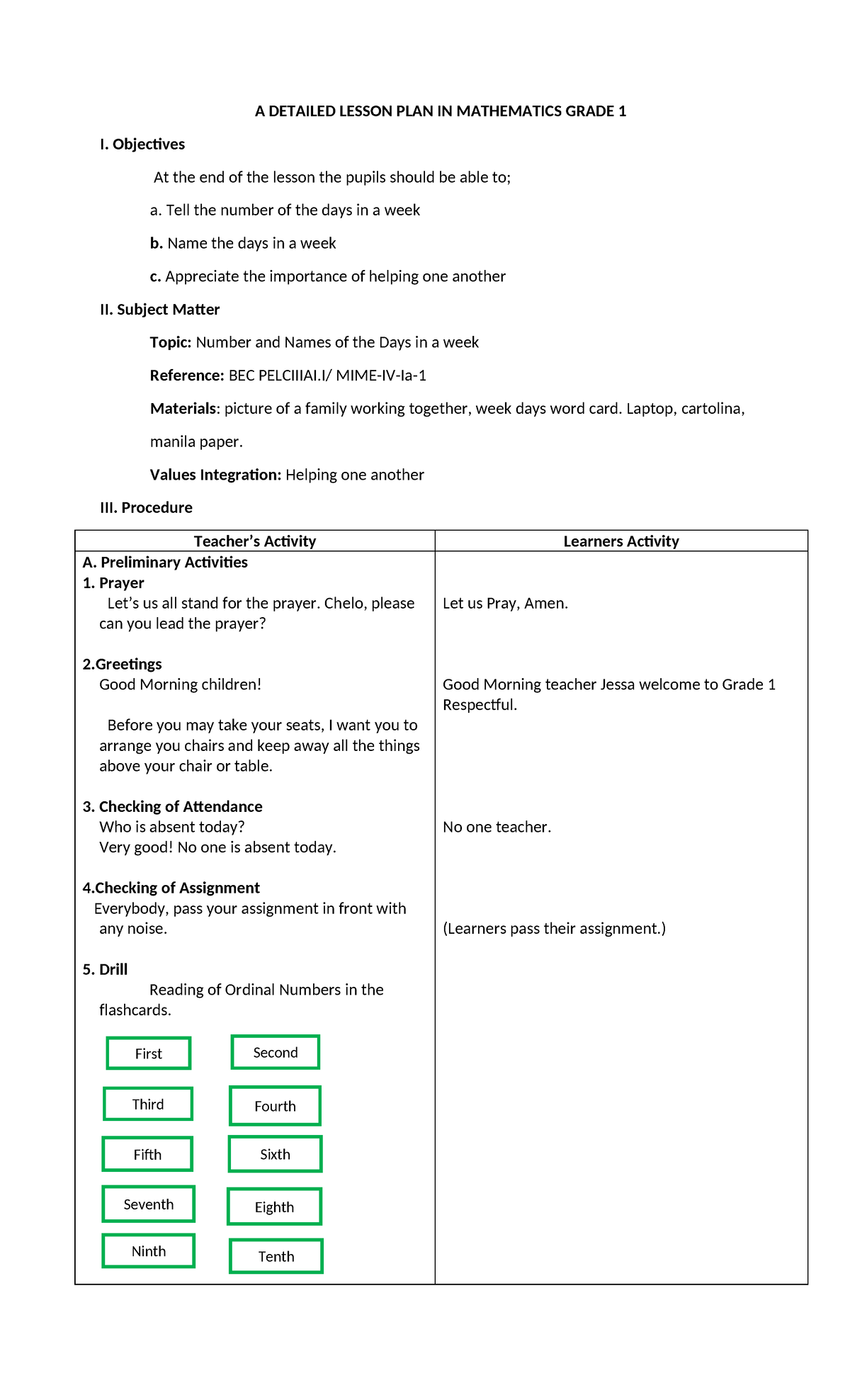 DAYS OF THE WEEK LESSON PLAN MATH 1 - Studocu