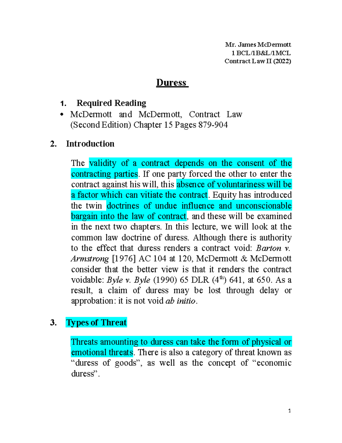 Contract Law II (2022) Lecture Notes: Understanding Duress - Studocu
