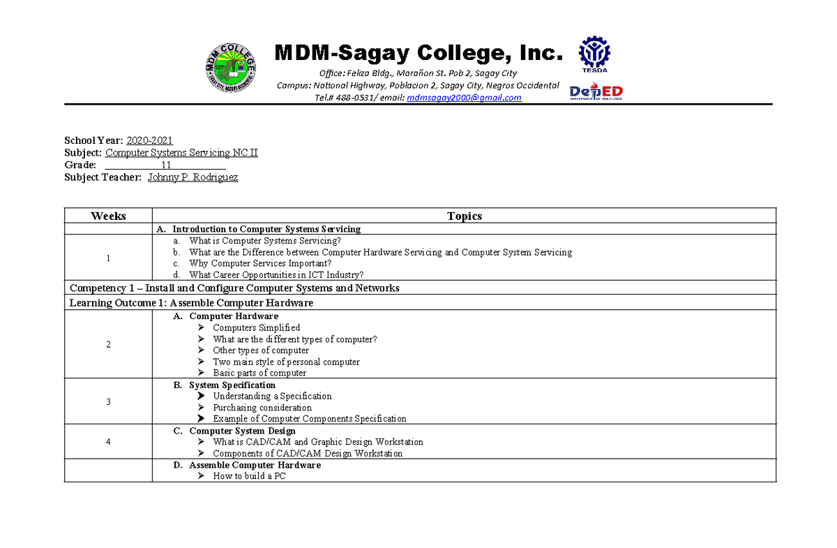 Computer Systems Servicing NC II - Grade 11 Course Overview and Topics - Studocu