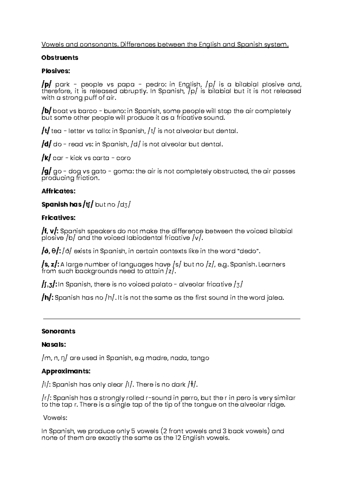 Vowels and Consonants: English vs Spanish Systems Analysis - Studocu