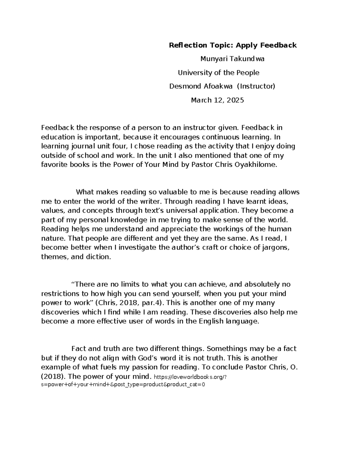 Reflection Topic Apply Feedback - Reflection Topic: Apply Feedback ...