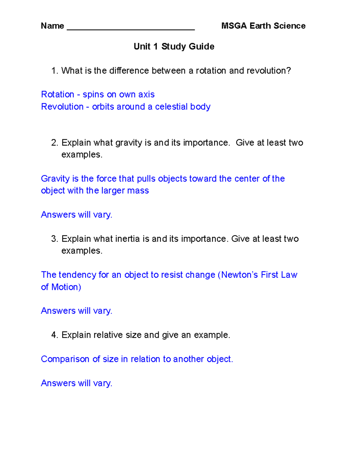 MSGA Earth Science Unit 1 Study Guide: Key Concepts & Assessments - Studocu