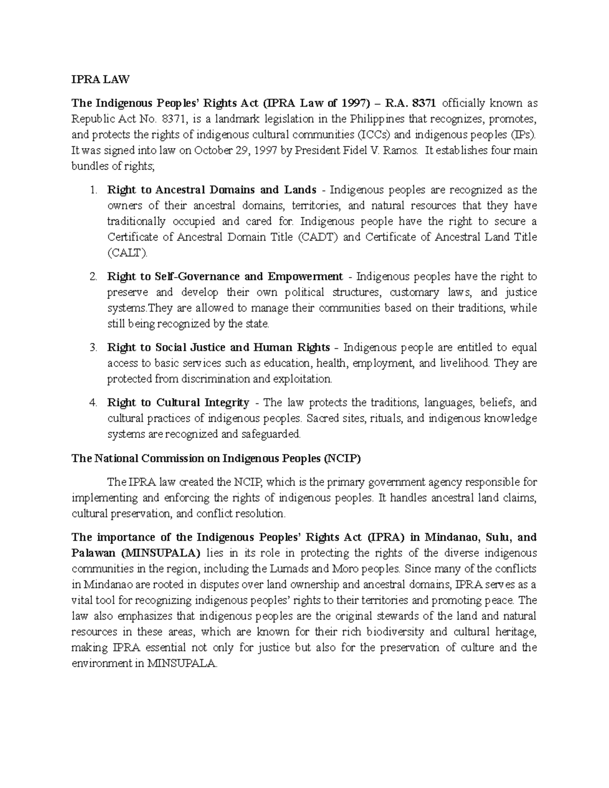 IPRA Law: Protecting Indigenous Rights in MINSUPALA (R.A. 8371) - Studocu